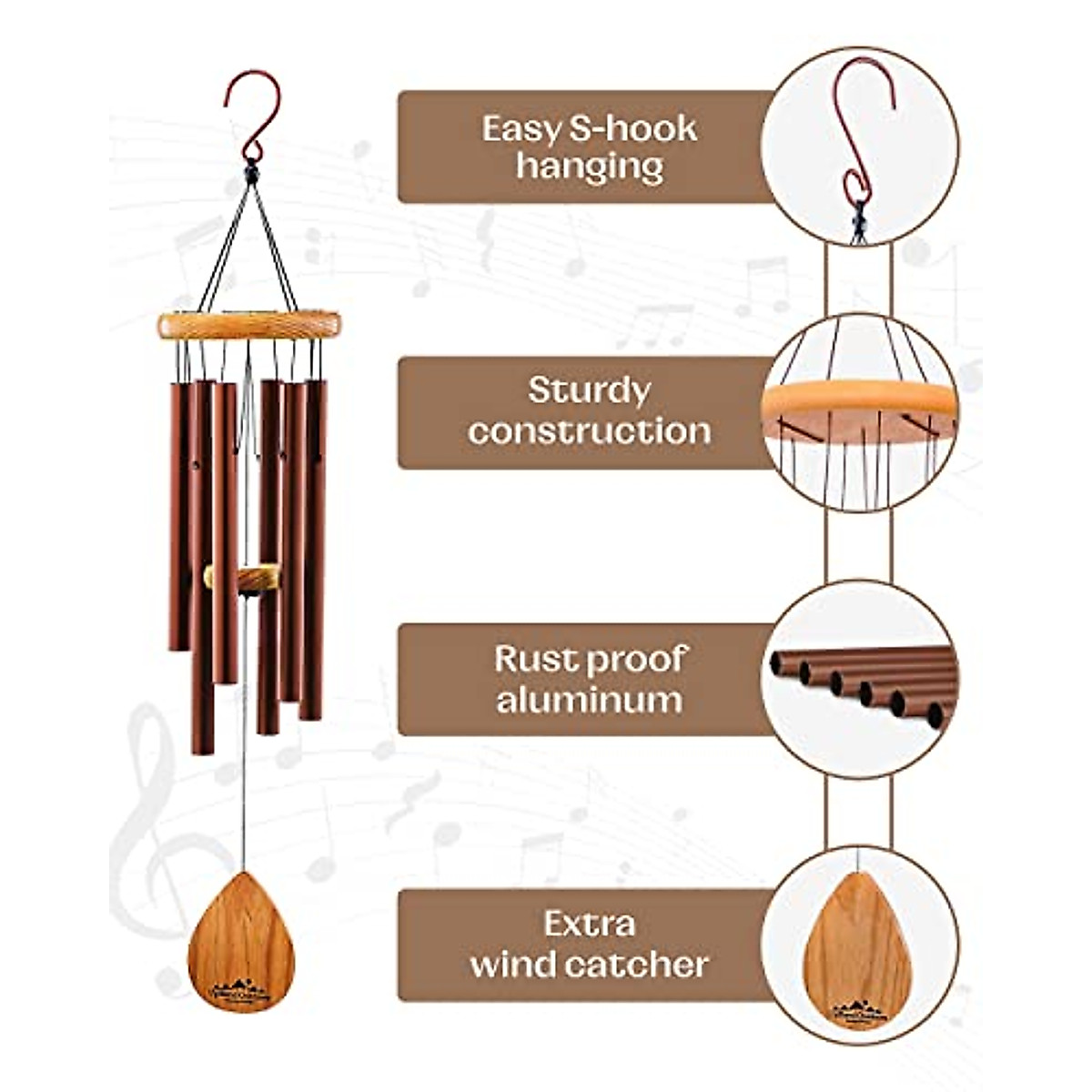 UpBlend Outdoors Wind Chimes for Outside - 28" Brown Windchimes Outdoors, Harmonic Wind Chime Gifts for Women, Ideas for Mom, Grandma, for Gardeners Outdoor Porch