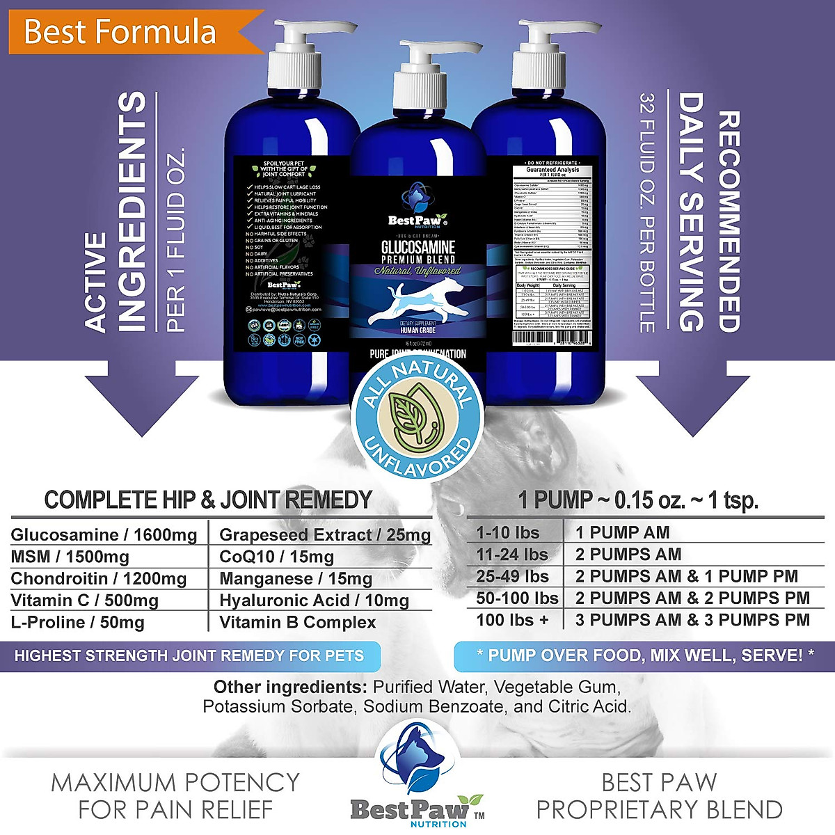 Best Paw Nutrition - Unflavored Liquid Glucosamine for Dogs & Cats - Chondroitin, MSM, Hyaluronic Acid - Dog Arthritis Home Remedy - Joint Supplement for Hip & Joint Pain Relief Pets Love - 16oz