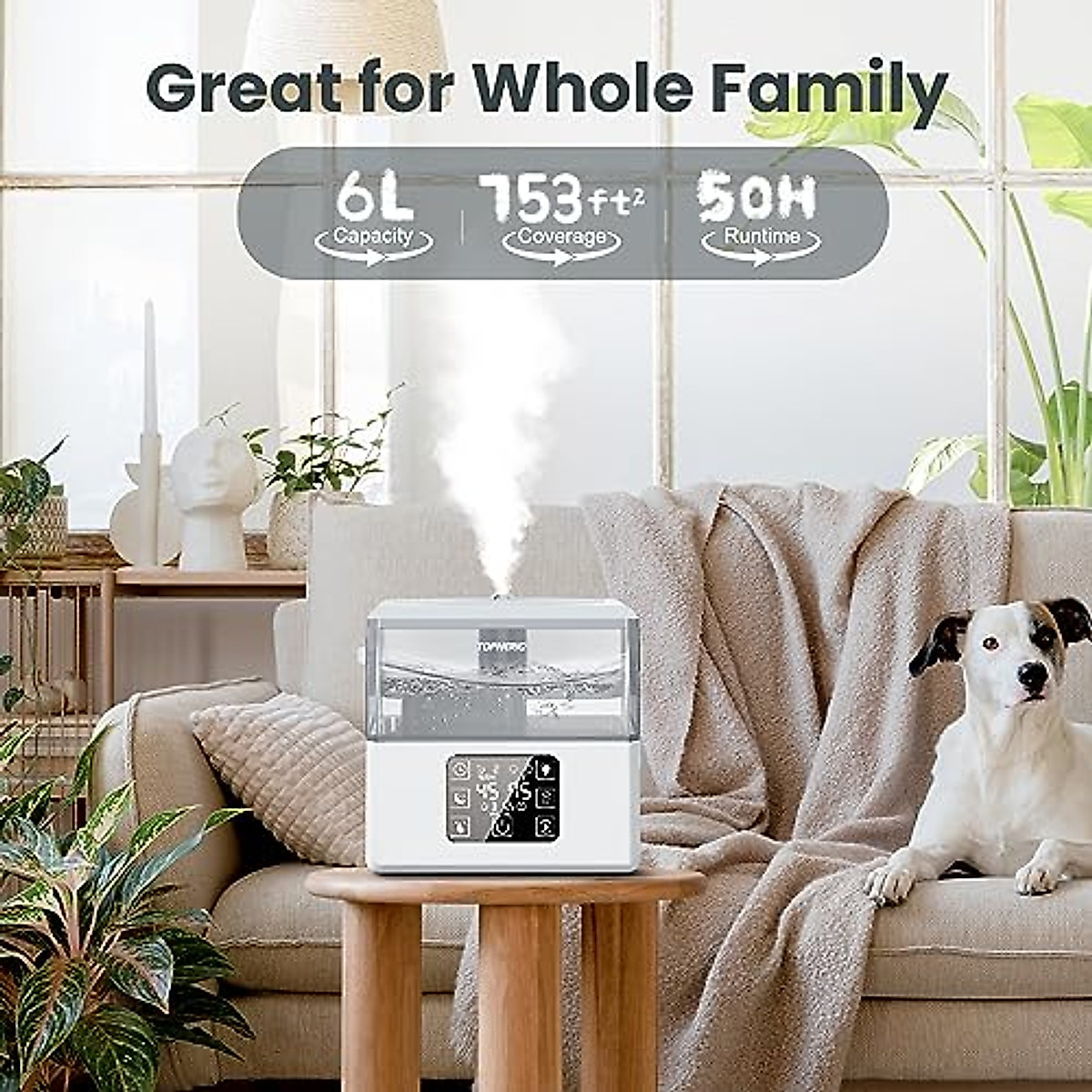 TOPNERIC Humidifiers for Bedroom, 6L Top Fill Humidifier Large Room Cool & Warm Mist Humidifiers for Home Baby Nursery Indoor Plants, Quiet Air Humidifier with Timer, Smart Mode, 360° Nozzle, Light