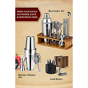 KITESSENSU Cocktail Shaker Set Bartender Kit with Stand | Bar Set Drink Mixer Set with All Essential Bar Accessory Tools: Martini Shaker, Jigger, Strainer, Mixer Spoon, Muddler, Liquor Pourers |Silver