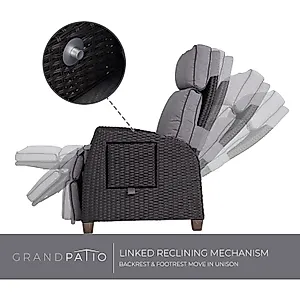 Grand patio Outdoor Reclining Chairs with Extended Footrest Adjustable WickerPatio Lounge Recliner up to 150° with Flip Side Table Cool Grey