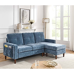DUNTRKDU 80" Convertible Sectional Sofa Couch, Modern 3-Seat Chenille L-Shaped Sectional Sofa with Removable Cushions and Storage Pocket Bag for Small Living Room, Small Space (Navy Blue)