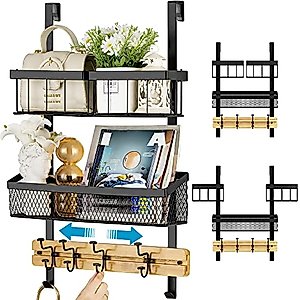 ETECHMART Over The Door Hooks Organizer, Door Hanger with 3 Mesh Baskets & Bamboo Coat Rack, Heavy Duty Towel Rack for Bathroom Kitchen Hanging Clothes Hats, Heavy Duty Back of Door Storage, Bamboo