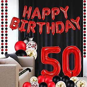 Red 50TH Birthday Party Decorations Supplies Red theme 16inch Red Foil Happy Birthday Balloons Banner Happy Birthday sash Foil Black Curtains Foil Balloons Number Red 50 Risehy