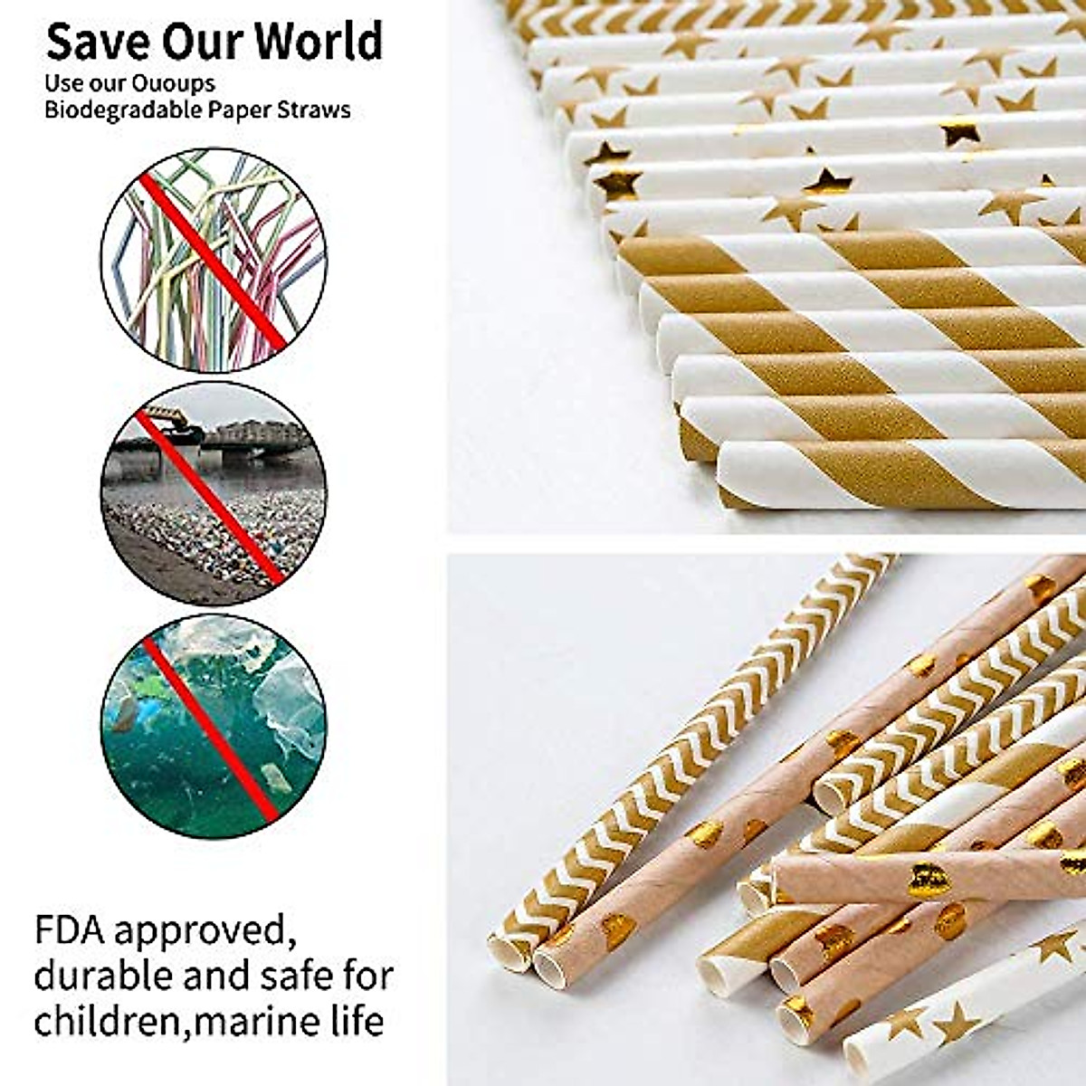 Paper Straws 100-Pack Gold Biodegradable, 7.75 Inches, Foil Striped, Wave,Heart, Gold, Bulk, Stars Paper Straws Ououps…