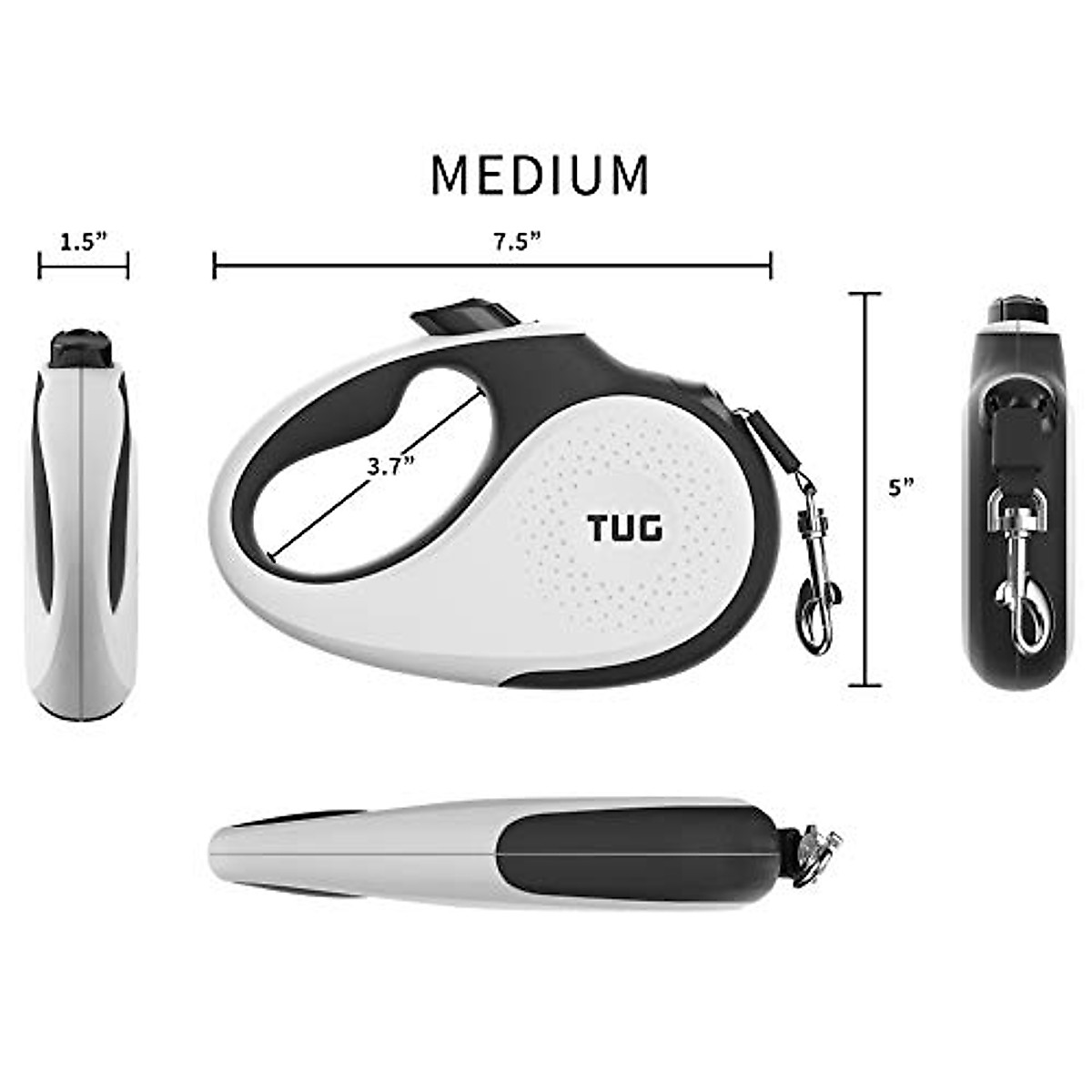 TUG 360° Tangle-Free Retractable Dog Leash | 16 ft Strong Nylon Tape | One-Handed Brake, Pause, Lock (Medium, White)