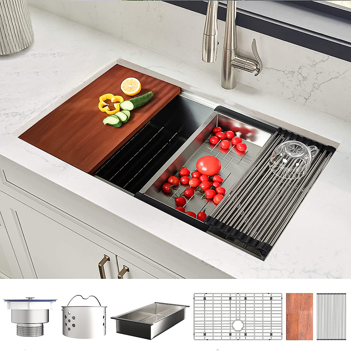 Tysun 32 Inch Undermount Kitchen Sink - 16 Gauge Drop In Kitchen Sink - Stainless Steel Single Bowl Kitchen Sink - Workstation Sink with Accessories