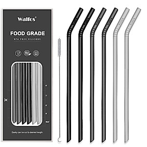 Walfos Reusable Silicone Straws -10.5 Inch Flexible Drinking Bendy Straws for Smoothies/20 & 30 oz Tumblers, BPA Free (6 Wide Straws + 1 Cleaning Brushes ）