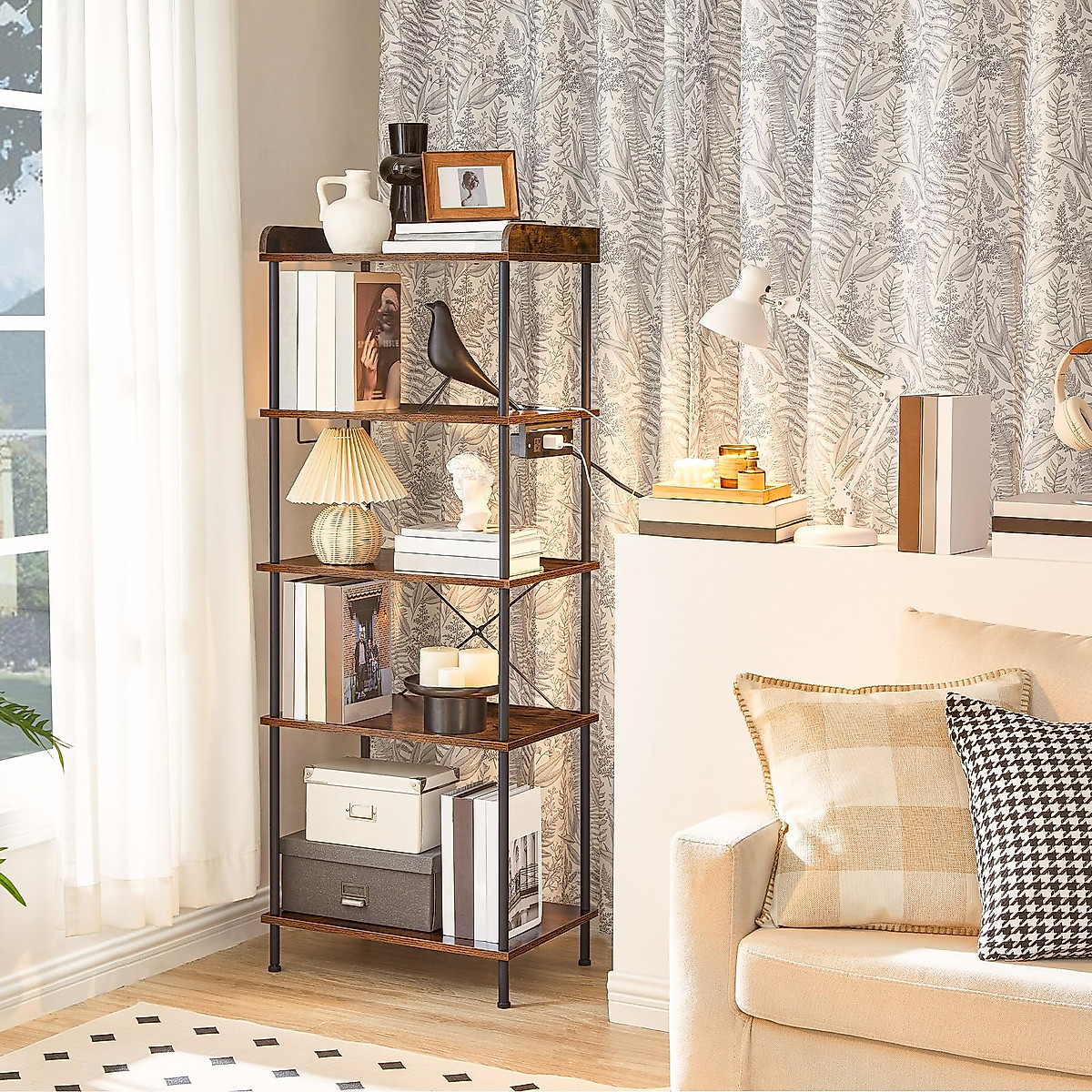 HOOBRO Kitchen Bakers Rack with Power Outlet, 5-Tier Free Standing Kitchen Storage Shelf Rack, Microwave Stand with 4 S-Shaped Hooks, Rustic Brown and Black BF55UHB01