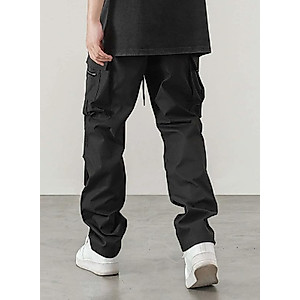 JMIERR Men Casual Cargo Pants Elastic Waist Drawstring Tactical Pant Lightwight Hiking Joggers Pants Loose Fit with Multi Pockets, US 34(M), 1 Black