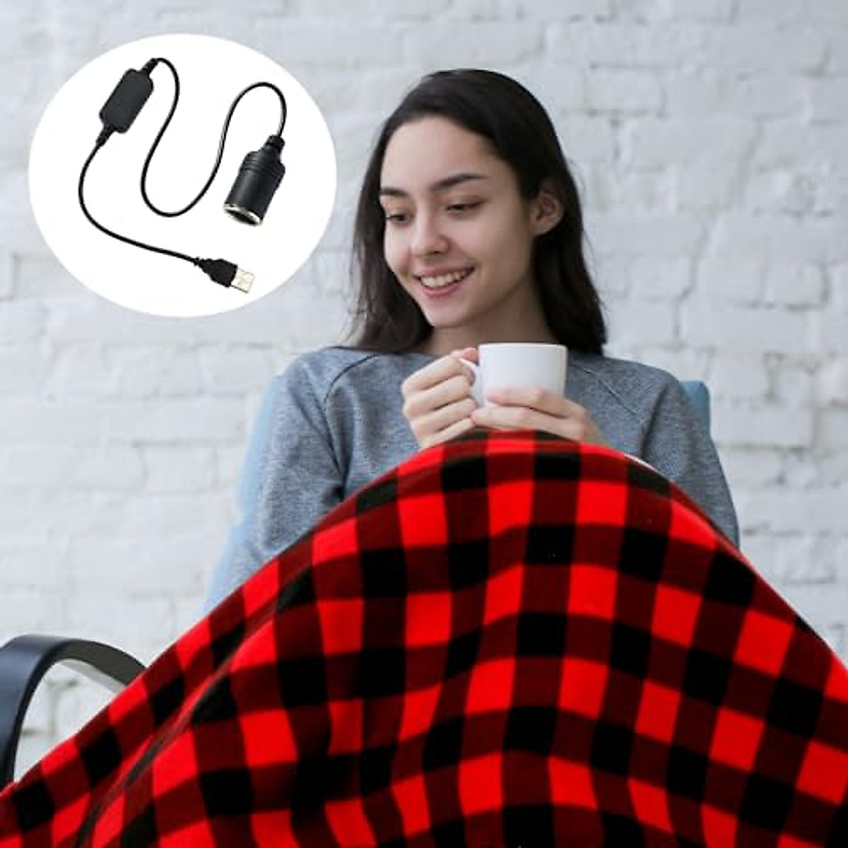 Baquler 2 Pcs Heated Car Blanket 48'' x 35.5'' 12V Portable Electric Blanket with 2 Pcs 12V to USB Adapter Electric Blanket for Car Hi/m/lo Temp for Camping Road Trip Winter Car Truck Accessory