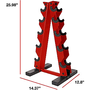 CAP Barbell A-Frame Dumbbell Weight Rack, Red (RK-12BIS-RD) with CAP 50lb Coated Hex Dumbbells, 5x2 20x2, & 10x2 15x2 & 25x2, Part of 150lb Set