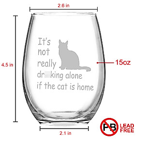 It's Not Really Drixking Alone If The Cat is Home Wine Glass Set of 2, Funny Cat Lover Stemless Wine Glass Set, Unique Christmas, Birthday, Housewarming Gift for Wine Lovers, Friends, Women, Men 15Oz