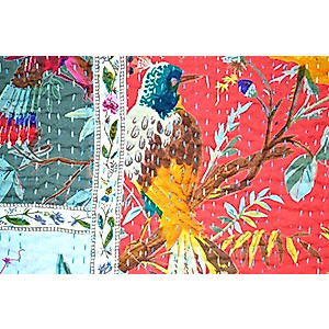 V Vedant Designs Bird Print Patchwork Cotton Kantha Quilt Throw Blanket Bedspread Gudari (Twin Size)