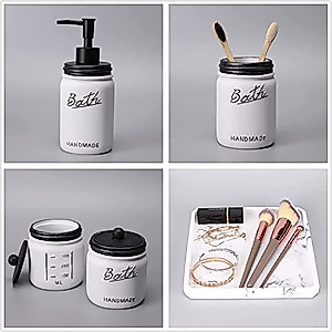 LKKL Mason Jar Bathroom Accessories - 5PCS Mason Jars Soap and Lotion Dispenser Set - Bathroom Sets 2 Apothecary Jars, 1 Toothbrush Holder, 1 Soap Dispenser, 1 Bathroom Tray (Black/White)