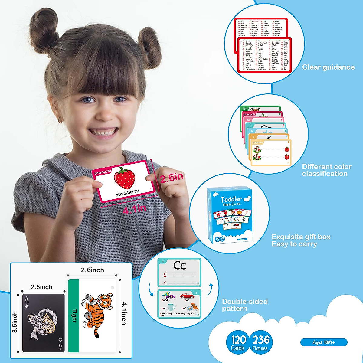 120 PCS, 236 Pictures Alphabet Flash Cards for Toddlers 2-8 Years, Toddler Flash Cards, Phonics Words Flash Cards, with Animals, Fruits, Vegetables, Numbers, Phonics, Alphabet, Drawing, Writing