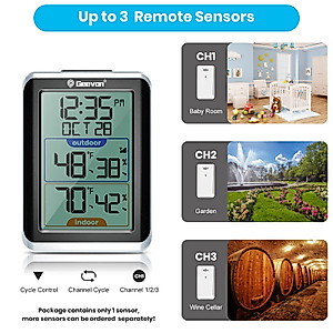 GEEVON Indoor Outdoor Thermometer Wireless Digital Hygrometer Temperature Gauge with Time, 200ft/60m Range Temperature Humidity Sensor