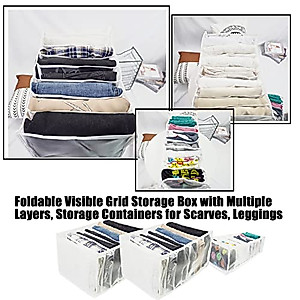 S-SNAIL-OO 7 Grids Washable Wardrobe Clothes Organizer, 2PCS Foldable Visible Grid Storage Box with Multiple Layers, Storage Containers for Scarves, Leggings (Jeans Grid, 2White)