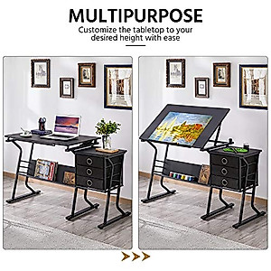 Topeakmart Height Adjustable Drafting Table Art Craft Desk Work Station Hobby Design Studio Tiltable Tabletop Drawing Desk with Stool & Storage Drawers ‎50.5 x 23.6 x 43.7 inches