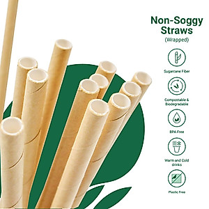 Individually Wrapped 8" Diameter No-Sog Straws|Heavy Duty,100% Biodegradable,Plastic Free|Made of Plant-Based Sugarcane|Compostable Straws|Pack of 100