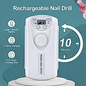 Portable Electric Nail Drill-- 35000RPM Professional Rechargeable Nail File Machine, Cordless Nail Drill E File for Remove Gel Polish Nail for Acrylic Nails Manicure Salon Home with Bits Kit, White