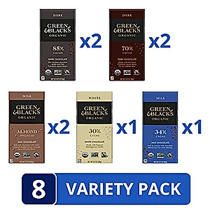 Green & Black’s Organic Chocolate Variety Pack, 85% Dark Chocolate, 70% Dark Chocolate, Milk Chocolate, Milk Chocolate with Almonds & White Chocolate, 8 - 3.17 oz Bars