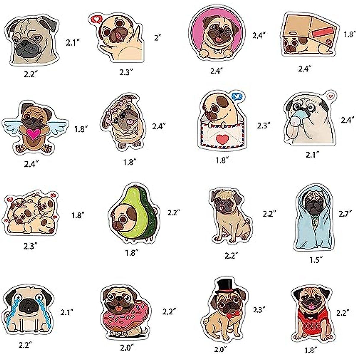 100 Pack Cute Pug Dog Stickers for Water Bottle Car Laptop, Waterproof Aesthetic Trendy Sticker, Great Gift for Pug Lover Kids Teens
