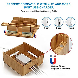 Bamboo Charging Station Organizer for Multiple Devices (Included 5 Port USB Charger, 6 Pack Charge & Sync Cable, with Earbuds & Watch Stand), Electronic Device Desktop Stations for Cell Phone, Tablet