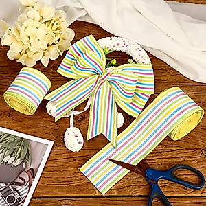 20 Yard Spring Ribbon Easter Stripe Wired Ribbon Burlap Pastel Stripe Ribbon Pink Lime Yellow White Blue 2 Rolls for Spring DIY Craft Baby Shower Gender Reveal Easter Holiday Decoration (2.5'')