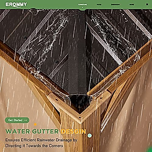 EROMMY 12' x 14' Gazebo, Wooden Finish Coated Aluminum Frame Canopy with Double Galvanized Steel Hardtop Roof, Outdoor Permanent Metal Pavilion with Curtains and Nettings for Patio, Backyard and Deck