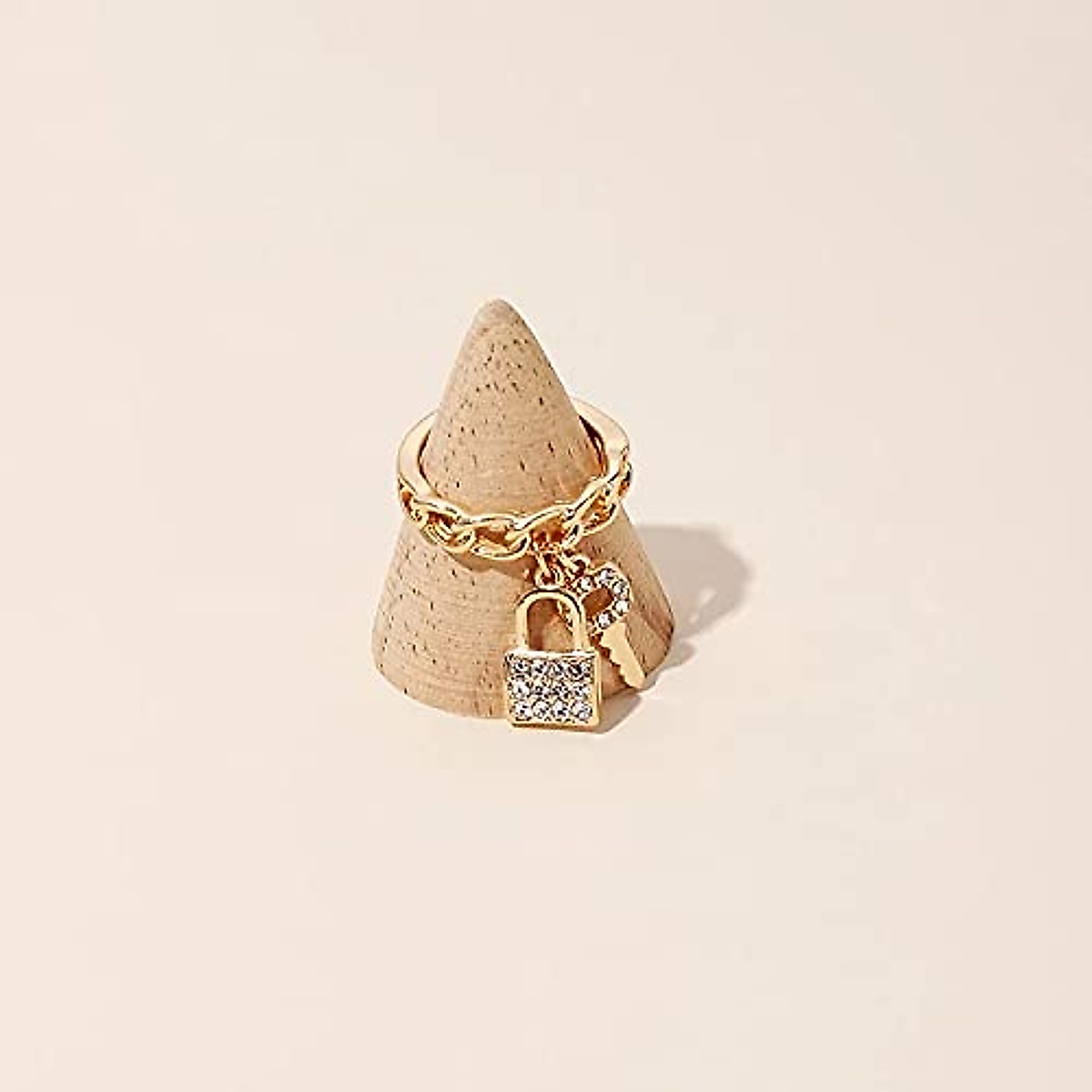 GANGYUN Open Zircon Crystal Lock Key Padlock Cuff Finger Rings for Women Adjustable Punk Infinty Chain Rings Jewelry (Gold)