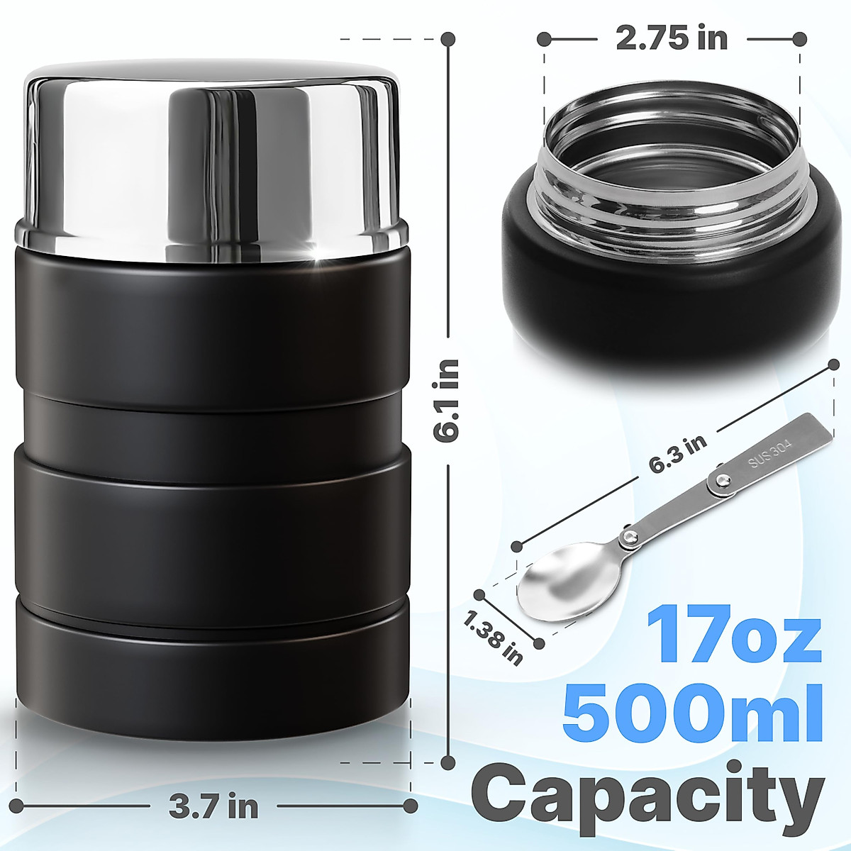 Earth&ME Stainless Steel Thermo For Hot Food 17OZ with Folding Spoon, Vacuum Insulated Food Container, Soup Thermo with Wide Mouth, Insulated Food Jar for Hot & Cold Food, Matte Black