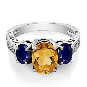 Gem Stone King 925 Sterling Silver Yellow Citrine and Blue Sapphire 3-Stone Engagement Ring For Women | 2.25 Cttw | Gemstone Birthstone | Available In Size 5, 6, 7, 8, 9