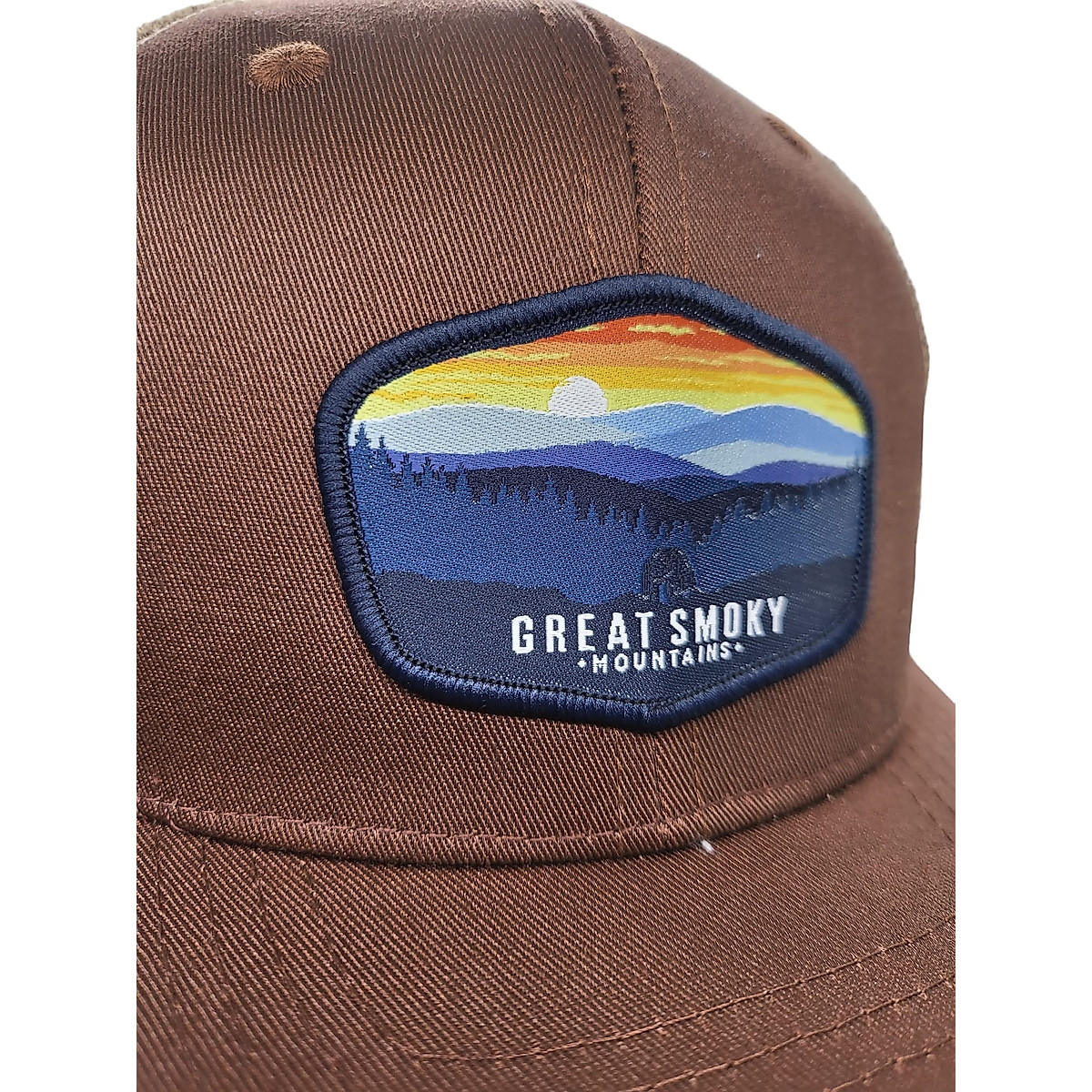 Great Smoky Mountains Trucker Hat with National Park Woven Patch (Brown/Tan)