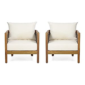 Christopher Knight Home Burchett Outdoor Acacia Wood Club Chairs with Cushions, Beige, Brown