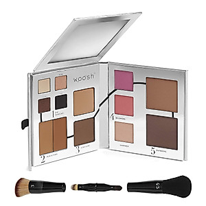 Woosh Beauty, Fold Out Face Palette w/Secret Brush, Travel All in One Neutral Cream & Powder Kit, 4 in 1 Nested Makeup Brush (#3 Medium)