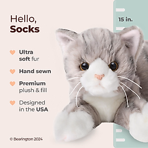 Bearington Collection Socks Cat 15 Inch Plush Cat - Stuffed Cats That Look Real - Stuffed Kitty Grey Cat Stuffed Animal