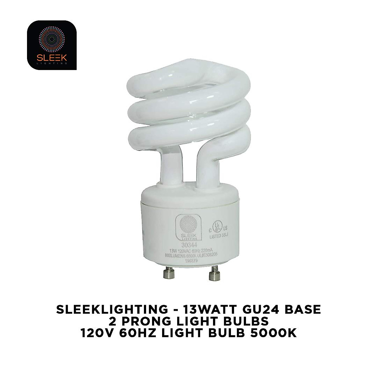 SLEEKLIGHTING - 13Watt GU24 Base 2 Prong Light Bulbs- UL approved-120v 60Hz Light Bulb- Mini Twist Lock Spiral -Self Ballasted CFL Two Pin Fluorescent Bulbs- 5000K Daylight 4pack