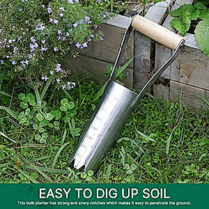 Berry&Bird Garden Bulb Planter with 6 inches Depth Mark, Garden Bulb Transplanter Tool with Woode Handle, Stainless Steel Soil Release Tool for Transplanting Digging Planting Flowers
