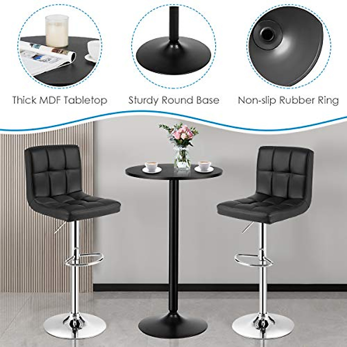 COSTWAY 3-Piece Bar Table Set, Round Cocktail Table and PU Leather Adjustable Swivel Chairs, Modern Counter Height Table Set with 2 Bar Stool for Kitchen, Office (Black)