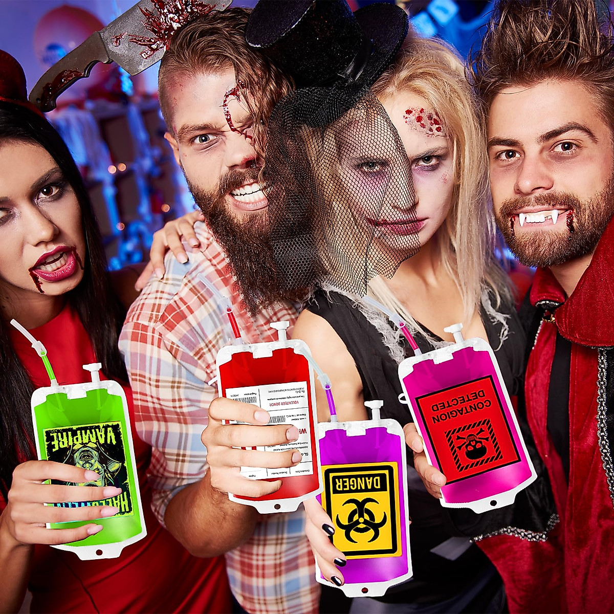 MGparty 80 Packs Blood Bags for Drink, Blood IV Bags for Halloween Party Decoration Drink Container Juice Pouch Prop for Zombie Vampire Theme Party Props (80Pcs Bag, 5 Syringes)