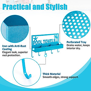 Pool Towel Rack - 2-in-1 Outdoor Poolside Beach Washcloth Drying Rack Holder, Wall Mounted Metal Hooks Decor for Bath Towel Storage, Robe Swimsuit, Coat, Bags, Phone, Keys - Blue