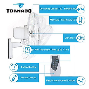 Tornado 2 Pack 16 Inch Oscillating Wall Mount Fan Remote Control Included 3 Speed 2650 CFM 6 FT Cord UL Safety Listed