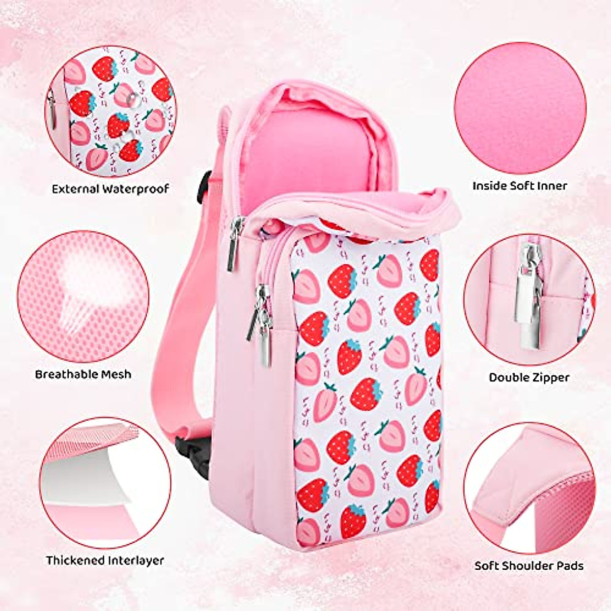 FANPL Carrying Case for Nintendo Switch/OLED/ Lite Travel Bag, Pink Shoulder Backpack Set with Game Case and Thumb Grip Caps, Switch Accessories Portable Crossbody Bag with Strawberry for Girls
