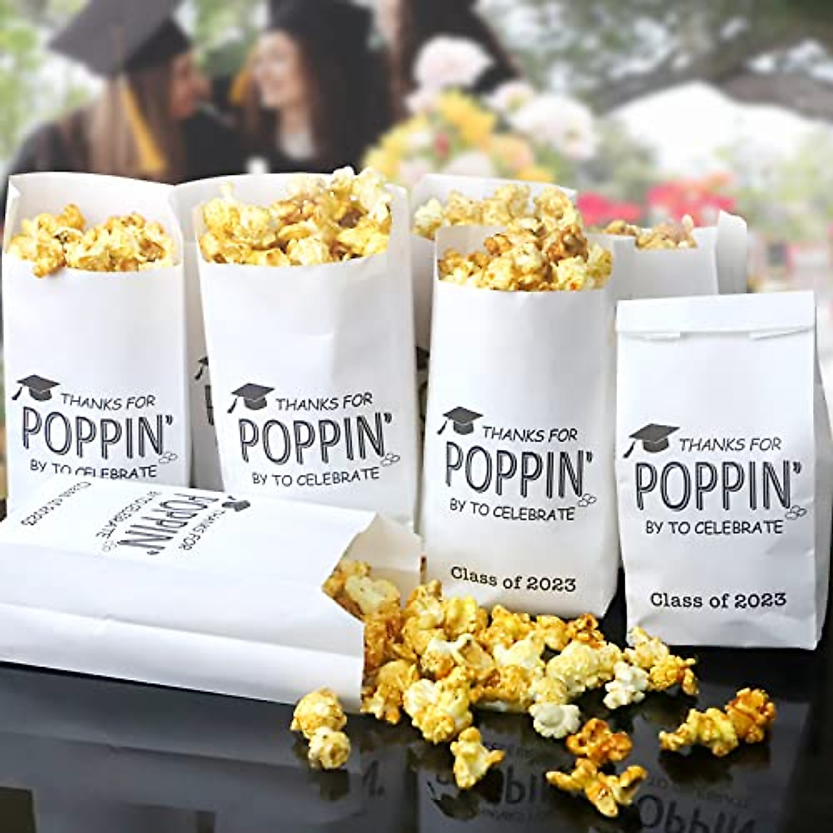 25 Pcs Class of 2023 Graduation Party Favors Popcorn Bags Graduation Treat Snack Goodie Cookie Bags Thanks for Poppin By to Celebrate Grease Resistant Paper Bags