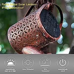 Udreem Solar Lights Outdoor Decorative, Solar Lantern Outdoor Hanging Waterproof Hollowed-Out Design, Decorative Retro Metal Solar Light with Hook for Garden Table Patio Yard Pathway Walkway
