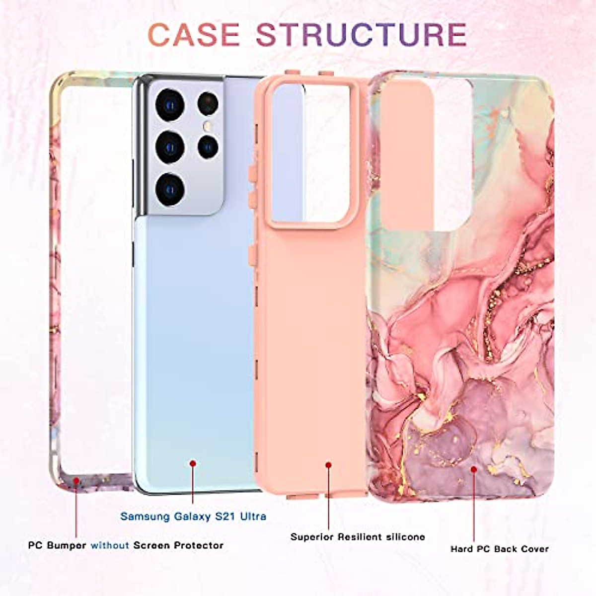 Btscase for Galaxy S21 Ultra Case, Marble Pattern 3 in 1 Heavy Duty Shockproof Full Body Rugged Hard PC+Soft Silicone Drop Protective Women Girl Covers for Samsung Galaxy S21 Ultra 6.8 inch, Rose Gold