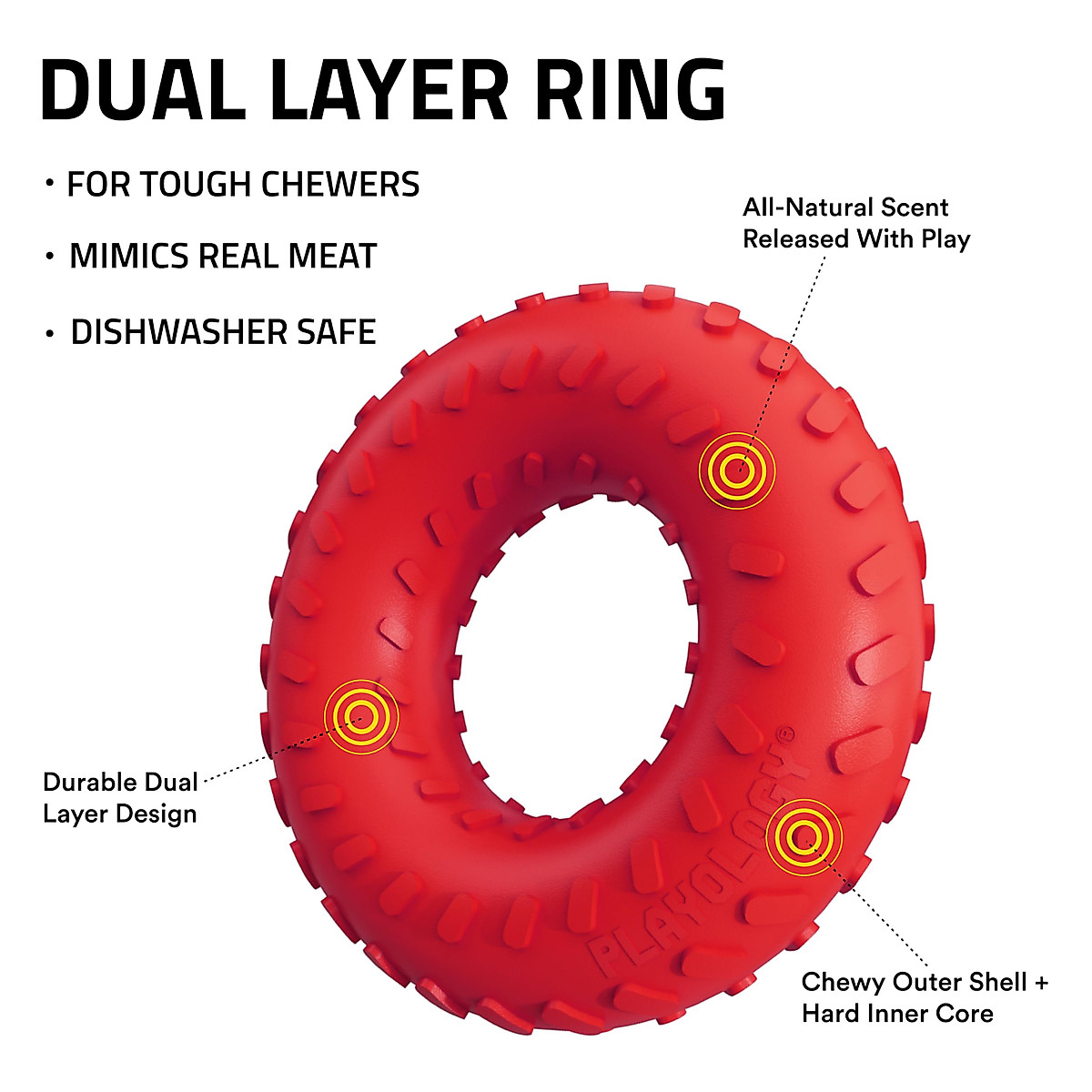Playology Dual Layer Ring Toy for Medium Dogs up to 50lbs | Engaging All-Natural Beef Scented Durable Dog Chew Toy for Power Chewers, Easy to Clean, Interactive & Non-Toxic