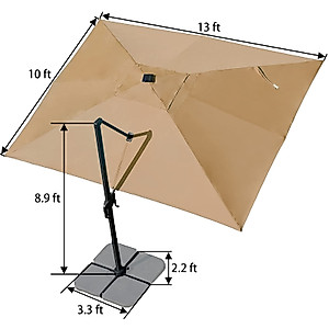 Sunnyglade 10x13ft Solar Powered LED Cantilever Patio Umbrella Square Deluxe Offset Umbrella 360°Rotation & Integrated Tilting System & LED lights for Market Garden Deck Pool Backyard Patio