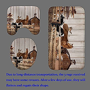 Camille&Andrew 4PCS Horse Shower Curtain Set, Cow Cattle Sheep Hen Farm Animal Brown Barn Western Country Rustic Farmhouse Bathroom Decor Waterproof Fabric Shower Curtain, Non-slip Bath Mat Toilet Rug